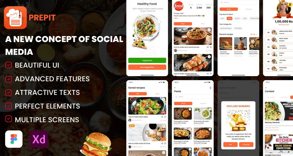 Prepit Figma UI Kit - Food Recipe Book App Design