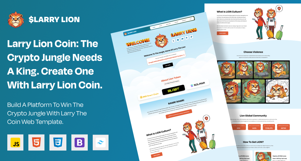 Larry Lion Meme Coin Web Template In HTML5 And Tailwind CSS